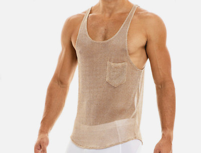INCERUN Men's Gold Size XL Scoop Neck Sheer Mesh Metallic Pocket Tank ...