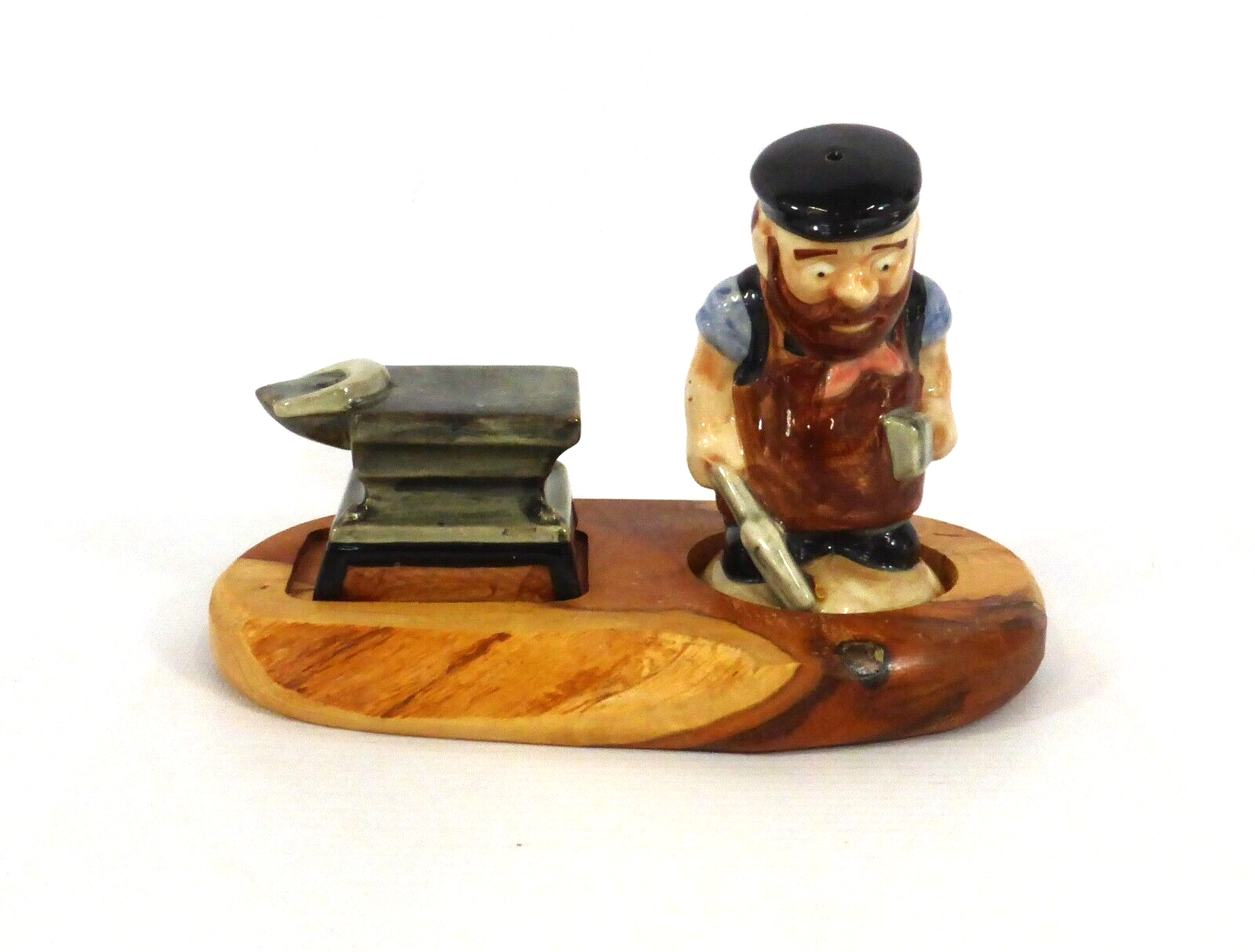 Novelty 'Blacksmith with Anvil' Ceramic Salt and Pepper Set on Wooden ...
