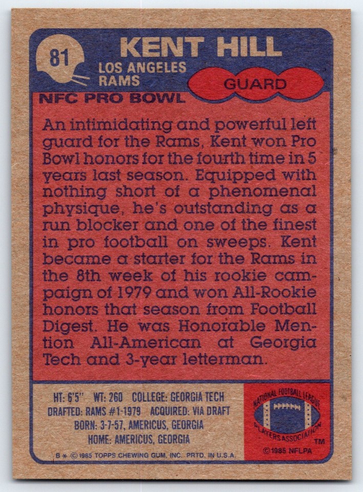 1985 Topps #81 - Kent Hill Los Angeles Rams (NM) *HGCARDS* | eBay