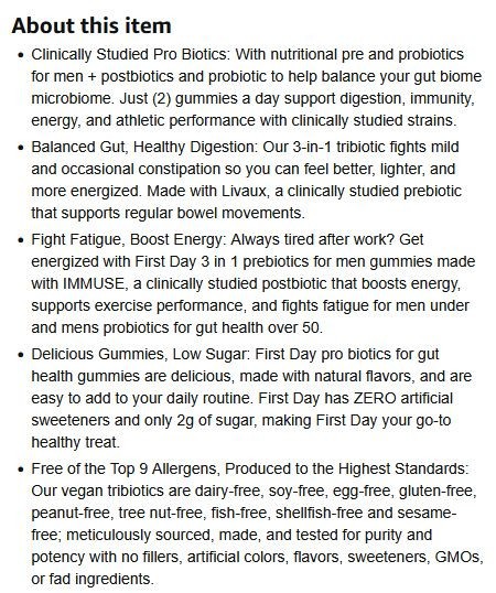 FIRST DAY Mens Tribiotic Gummies Gut Guardian - 30 day supply (60 ...