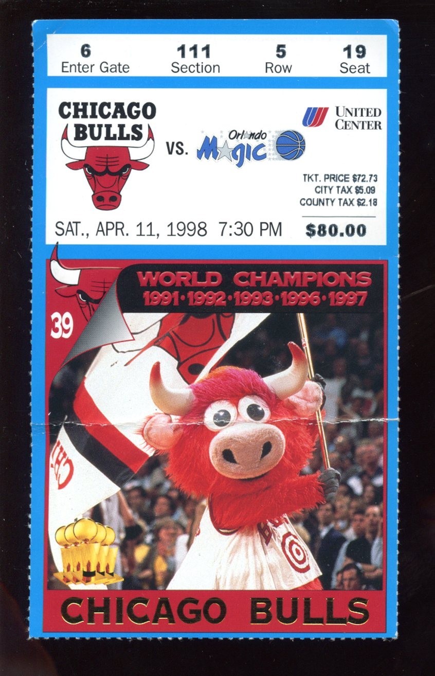 April 11 1998 NBA Ticket Stub Magic at Chicago Bulls Michael Jordan 37 ...