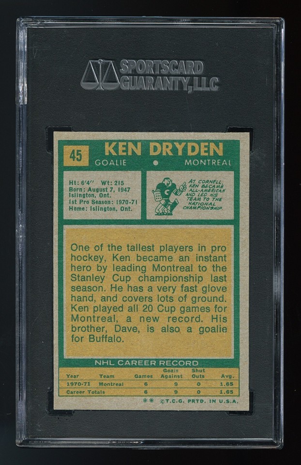 1971 topps #45 Ken Dryden Rookie Card - SGC 9 MINT | eBay