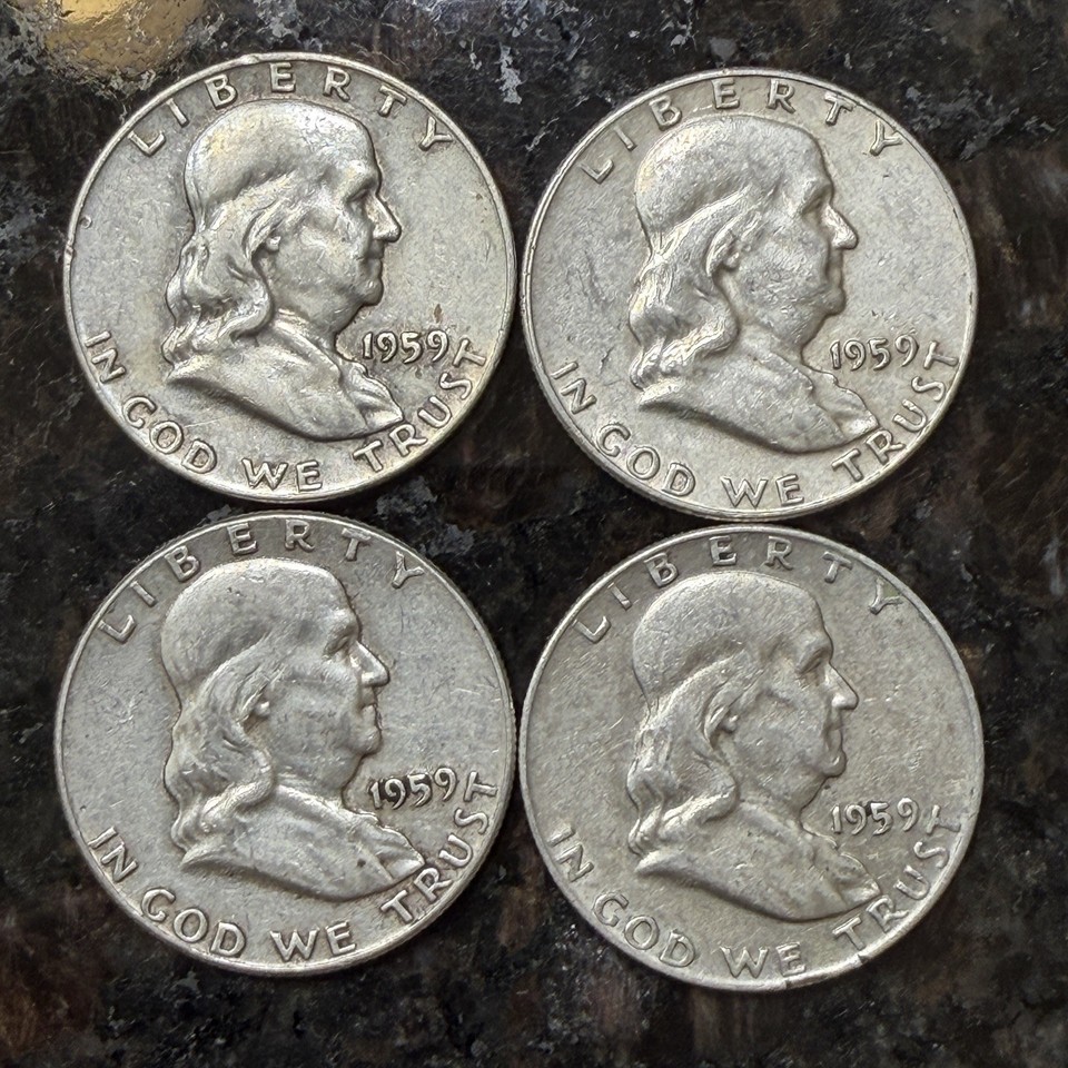 [Lot of 4] 1959 Franklin Half Dollar Coins - 90% Silver - Circulated US ...