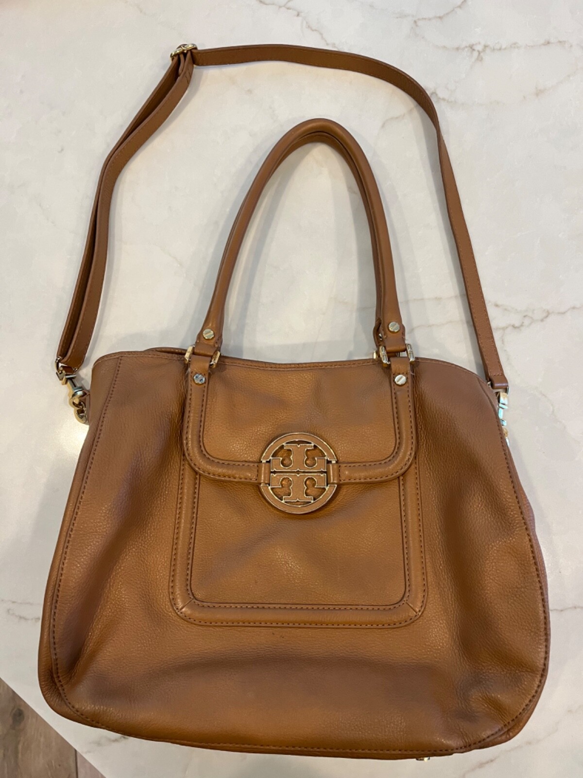 Tory Burch Amanda Satchel Purse Brown Tan Leather Gold - Gem