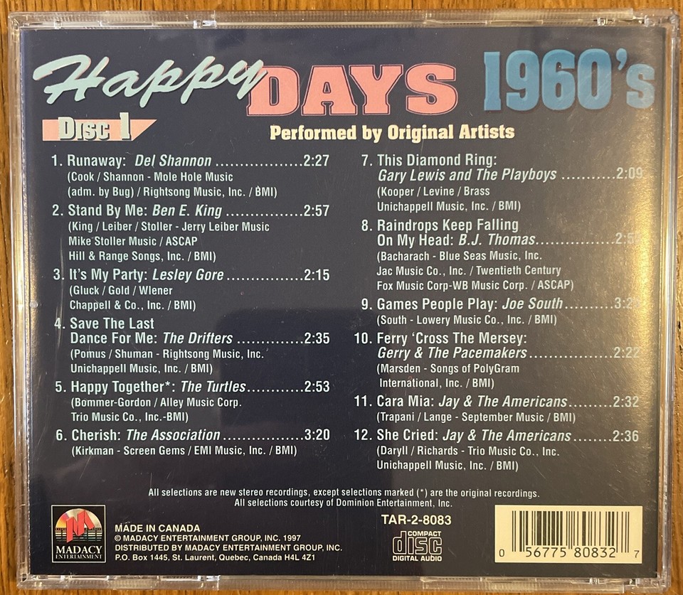 1960 Happy Days Disc 1 - Audio CD By Various Artists (CD, Madacy ...