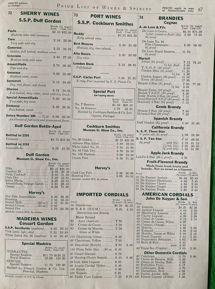 Vintage 1954 S. S. Pierce Co Wine & Liquor Distributor Price List Menu ...