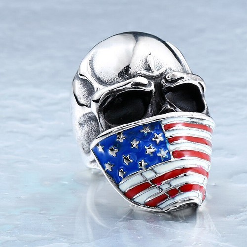 Patriot Skeleton US Flag Mask Skull Ring Stainless Steel Gothic Punk ...