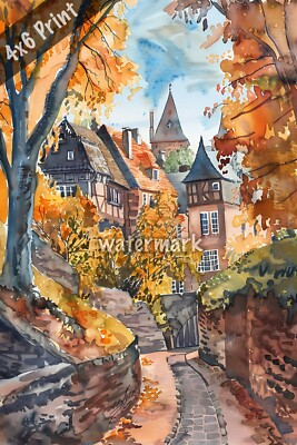 German Village watercolor Art 4x6 Print | eBay