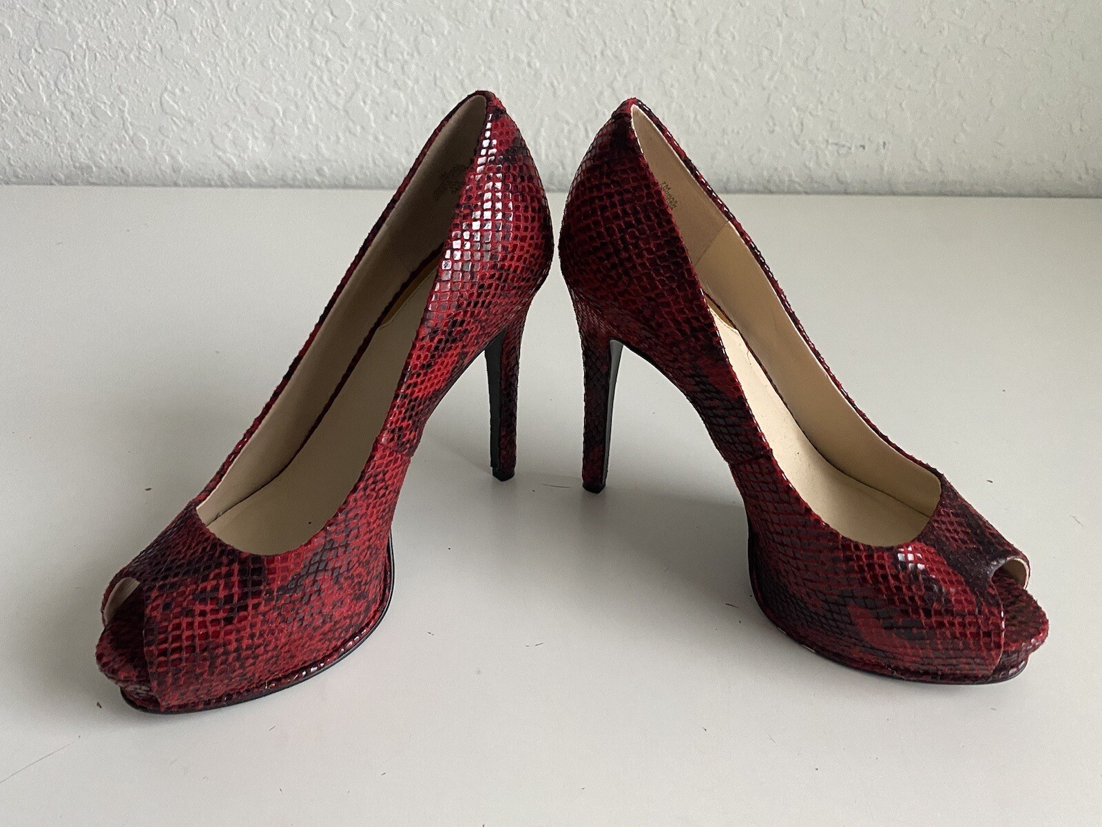 GUESS Red Snake Print High Stiletto Heeled Peep Toe H… - Gem