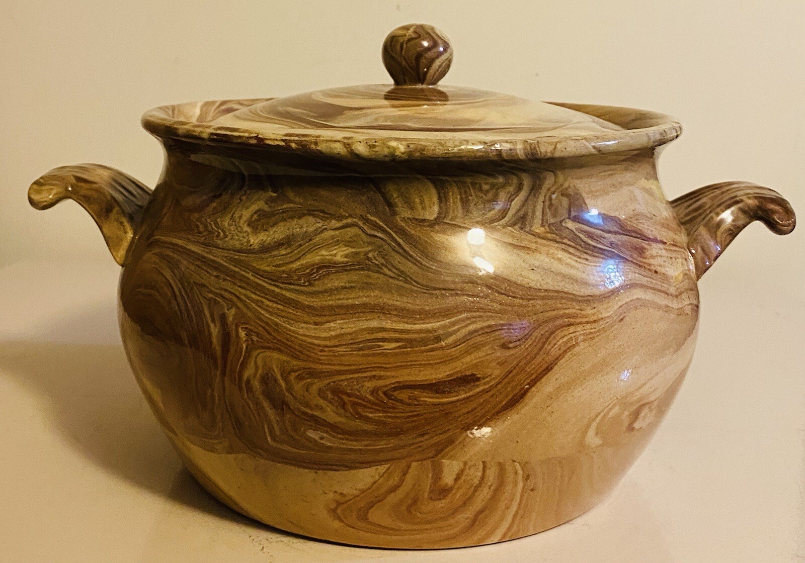 Emil Cahoy Pottery Large Pot Bowl Casserole With Lid Handles Swirl | eBay