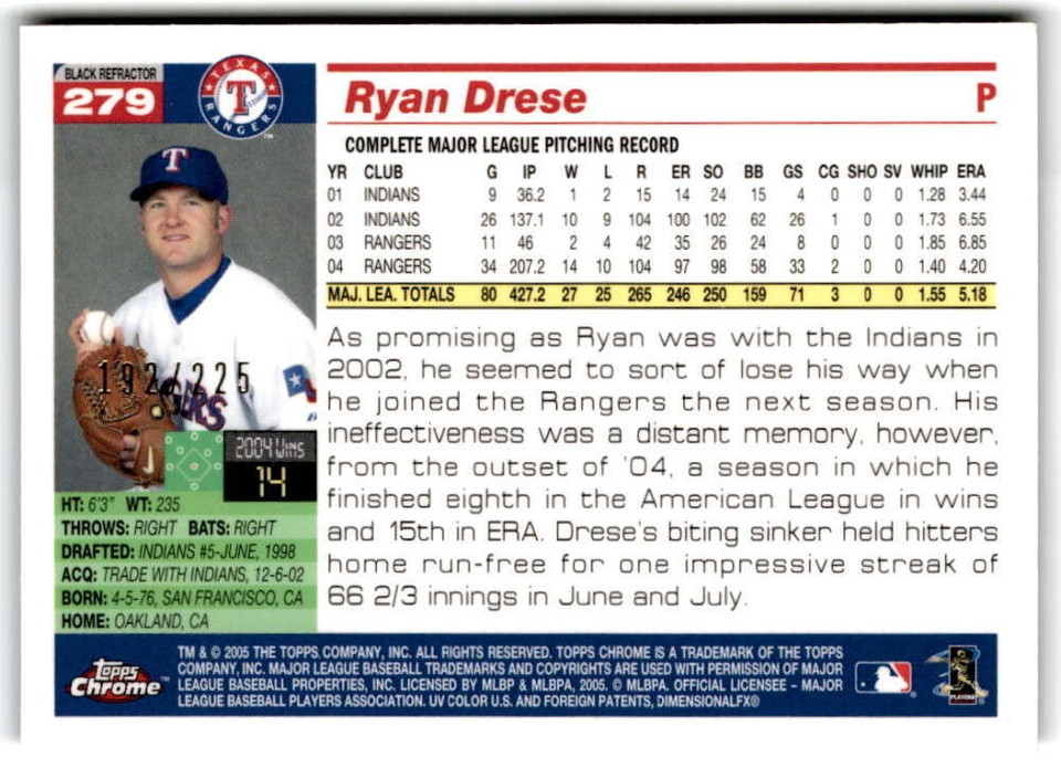 2005 Topps Chrome Black Refractor #279 Ryan Drese /225 Texas Rangers | eBay