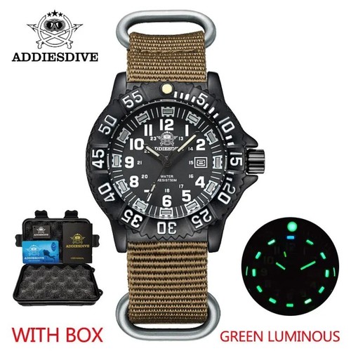 44MM ADDIESDIVE Military Quartz Dive Watch Men Nylon 50M Waterproof ...
