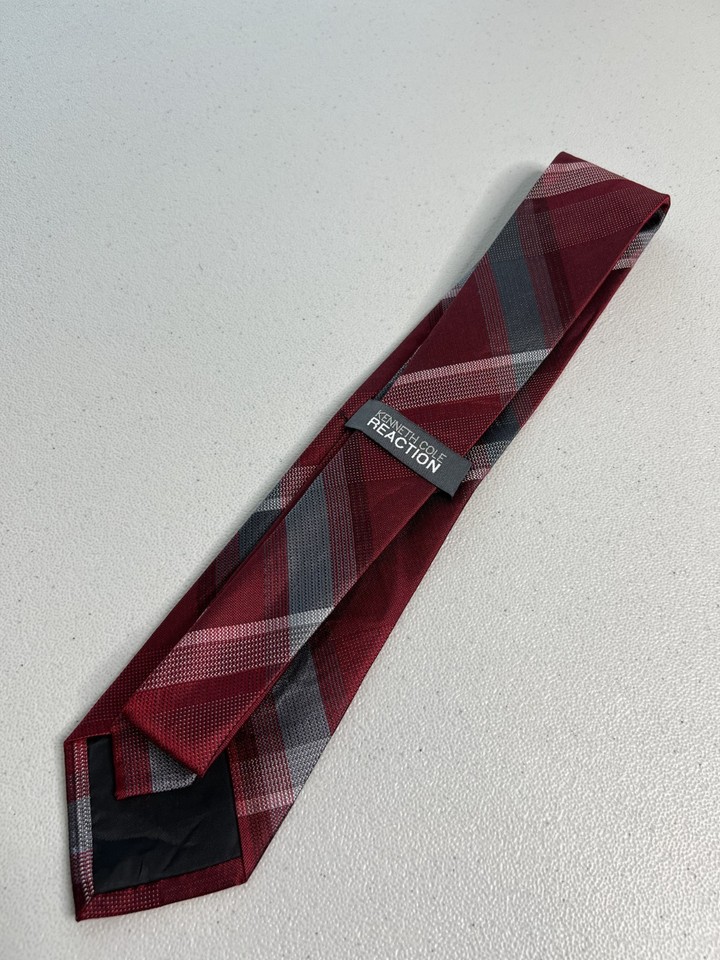 Kenneth Cole Reaction Red and Gray Plaid Pattern Pattern 100% Silk Tie ...