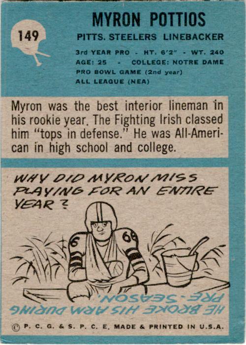 1964 Philadelphia Football #149 Myron Pottios Pittsburgh Steelers ...