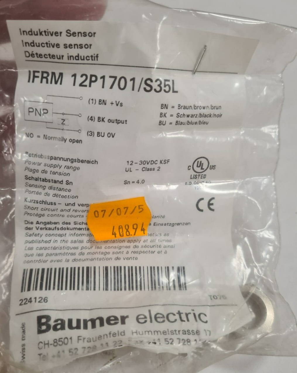Baumer IFRM 12p1701/s35l Inductive Proximity SN 4 Mm Sensor for sale ...