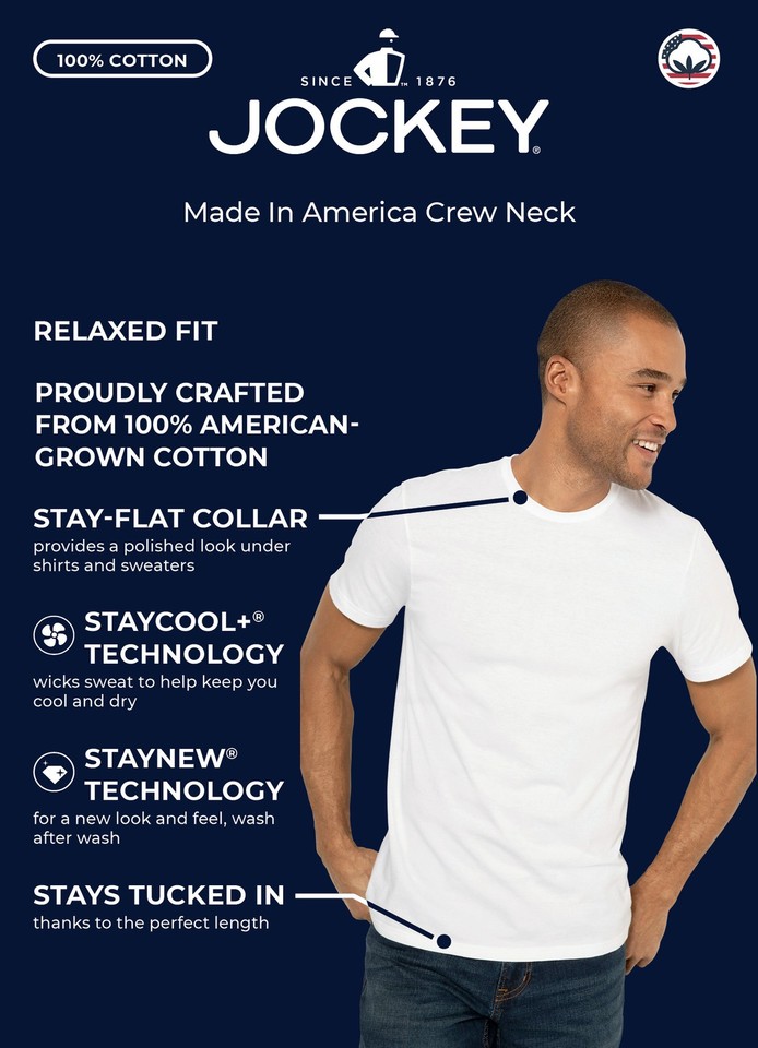 Jockey Men's Made in America 100% Cotton Crew Neck Undershirt - 2 Pack ...