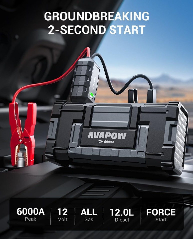 AVAPOW 6000A Heavy Duty Jump Starter for Cars, Trucks, 12V Diesel/Gas ...
