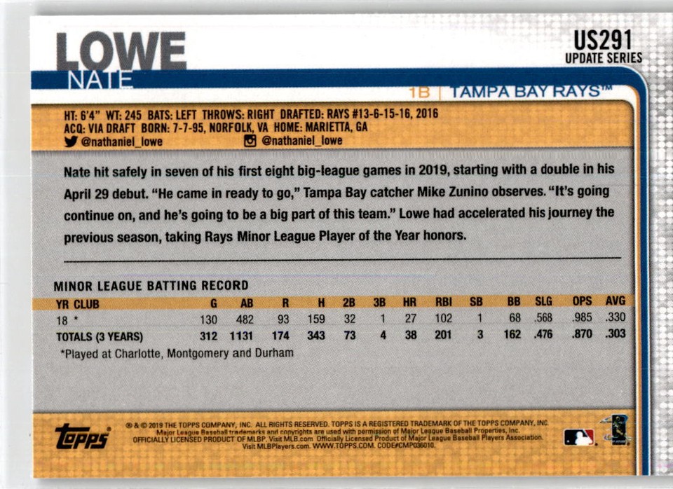 2019 Topps Update Baseball Nate Lowe #US291 RC | eBay