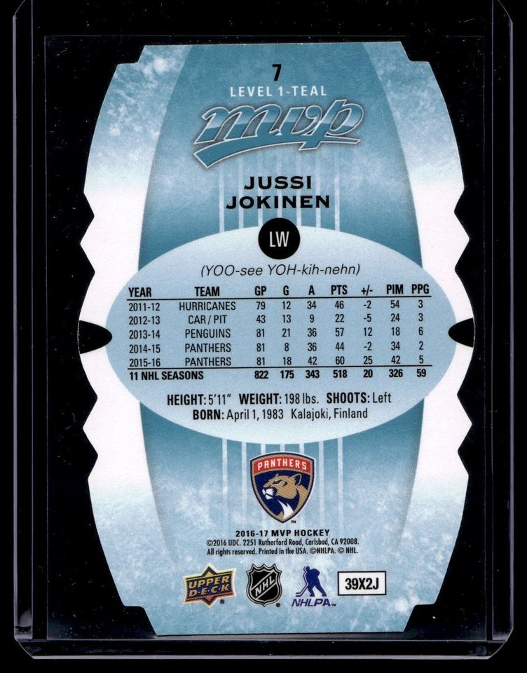 2016-17 Upper Deck MVP Colors & Contours Teal Level 1 Jussi Jokinen #7 ...