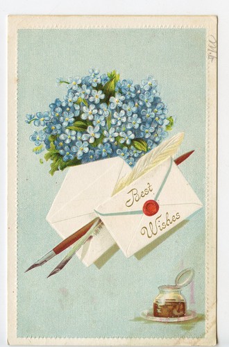 Vintage Best Wishes Postcard Forget Me Nots Inkwell Pen Quill Feather ...