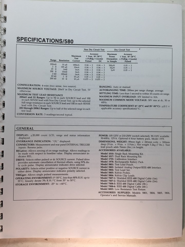 Keithley 580 Micro-ohmmeter Service Manual w/Schematics P/N 580-902-01 ...