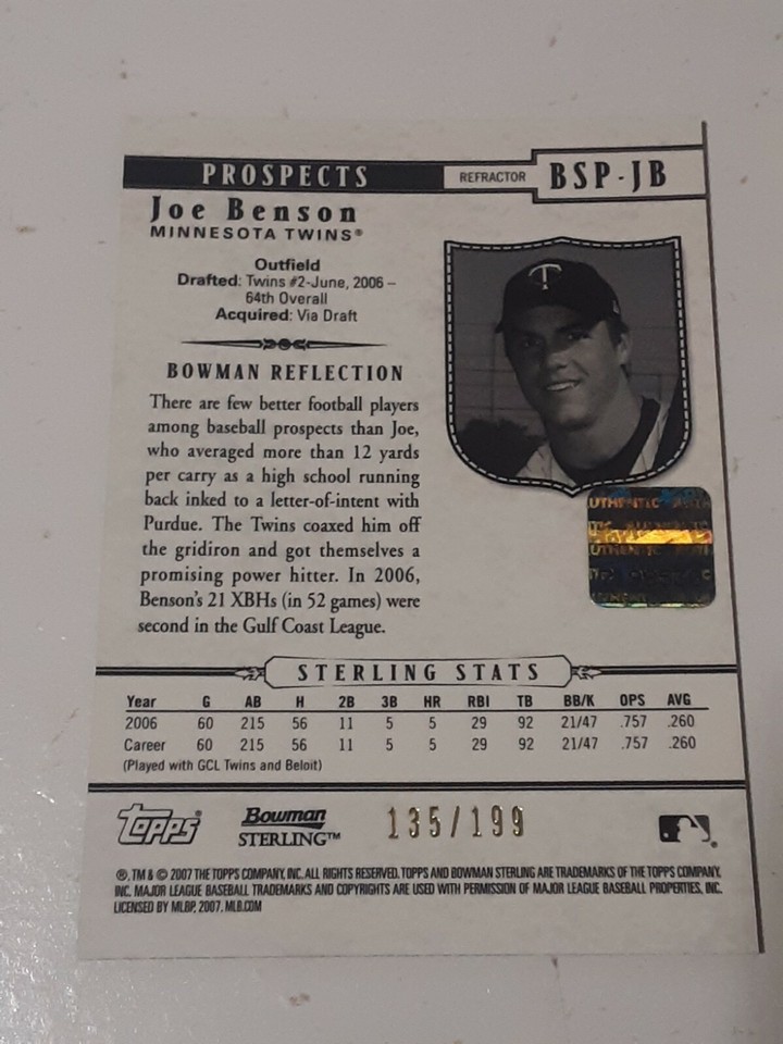 Joe Benson Minnesota Twins 2007 Bowman Sterling Certified Autograph ...