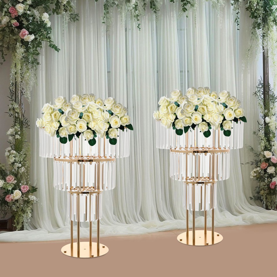 A two-piece three-layer ice curtain crystal flower stand with a golden ...