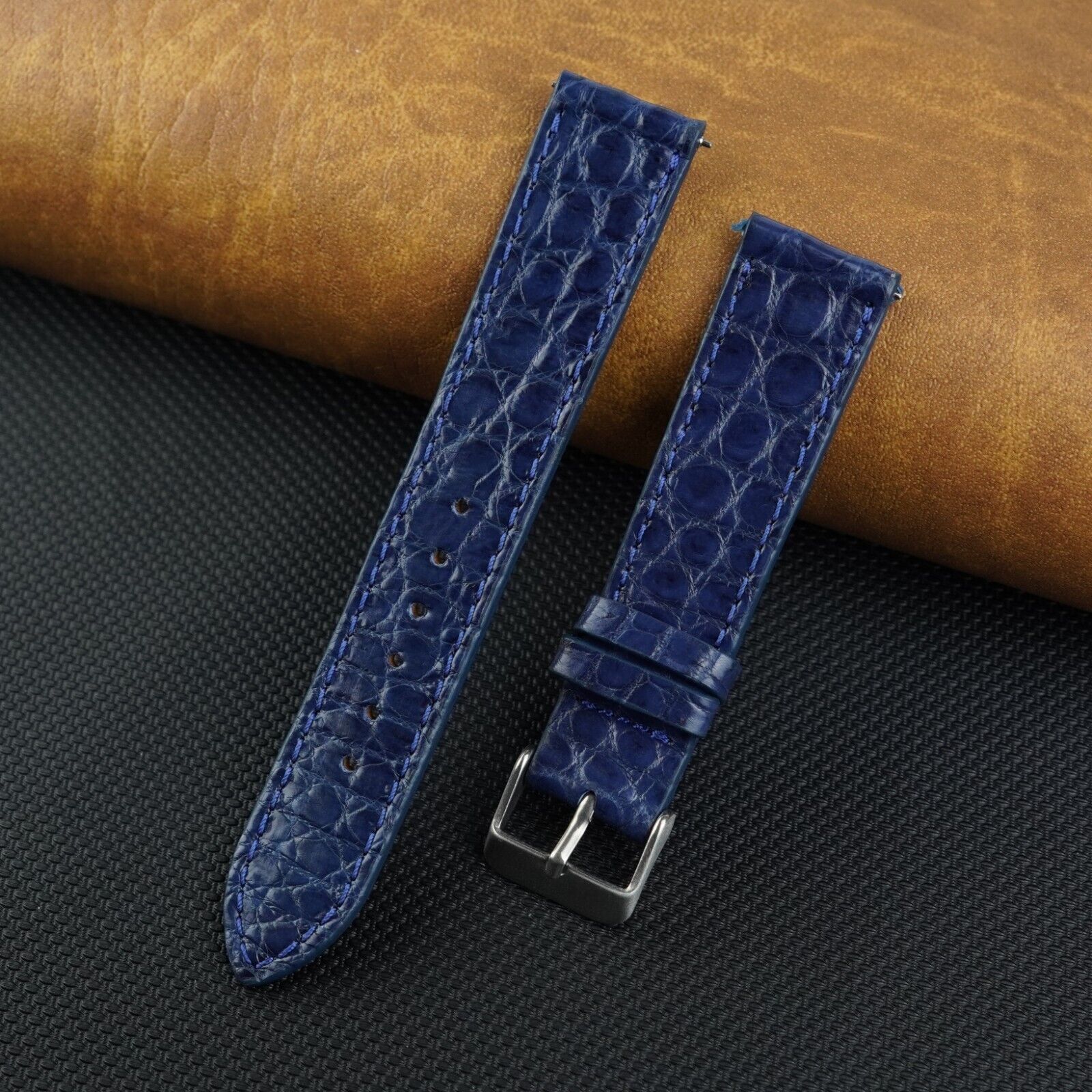 18mm Blue Crocodile Flat Leather Watch Band Real Crocodile Watch Strap ...