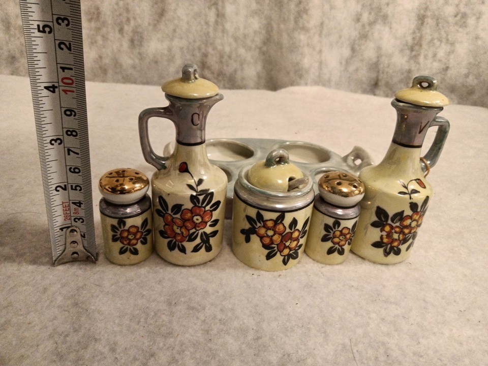 Vtg Lusterware Ceramic Condiment Set Floral Oil Vinegar Salt Pepper ...