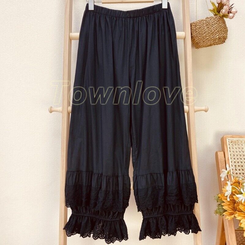 Women Cotton Bloomers Pants Casual Trousers Layered Lace Trim Loose ...