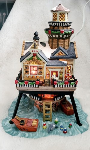 Ocean Water Cove Cabin Village Lighthouse Light Up Lemax Style Ceramic ...