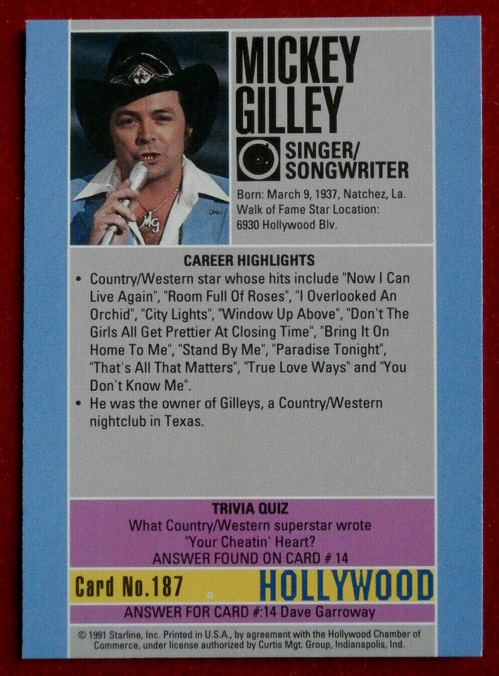 MICKEY GILLEY - 1991 Starline Hollywood Walk of Fame-Singer/Songwriter ...