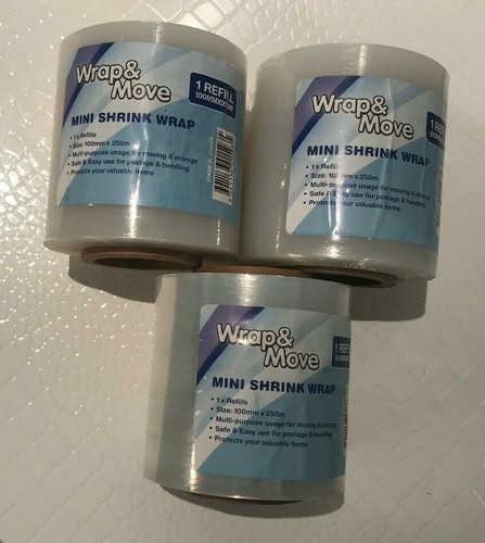 3x WRAP & MOVE MINI SHRINK WRAP REFILL 3X 100mm x 250m= 750M PROTECT ...