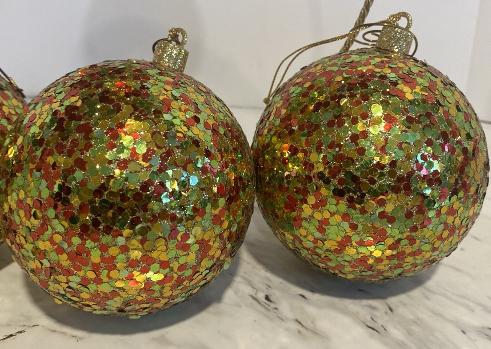 4 Gold Confetti Glitter Christmas Ornaments Round Sparkling Red Green 3 ...