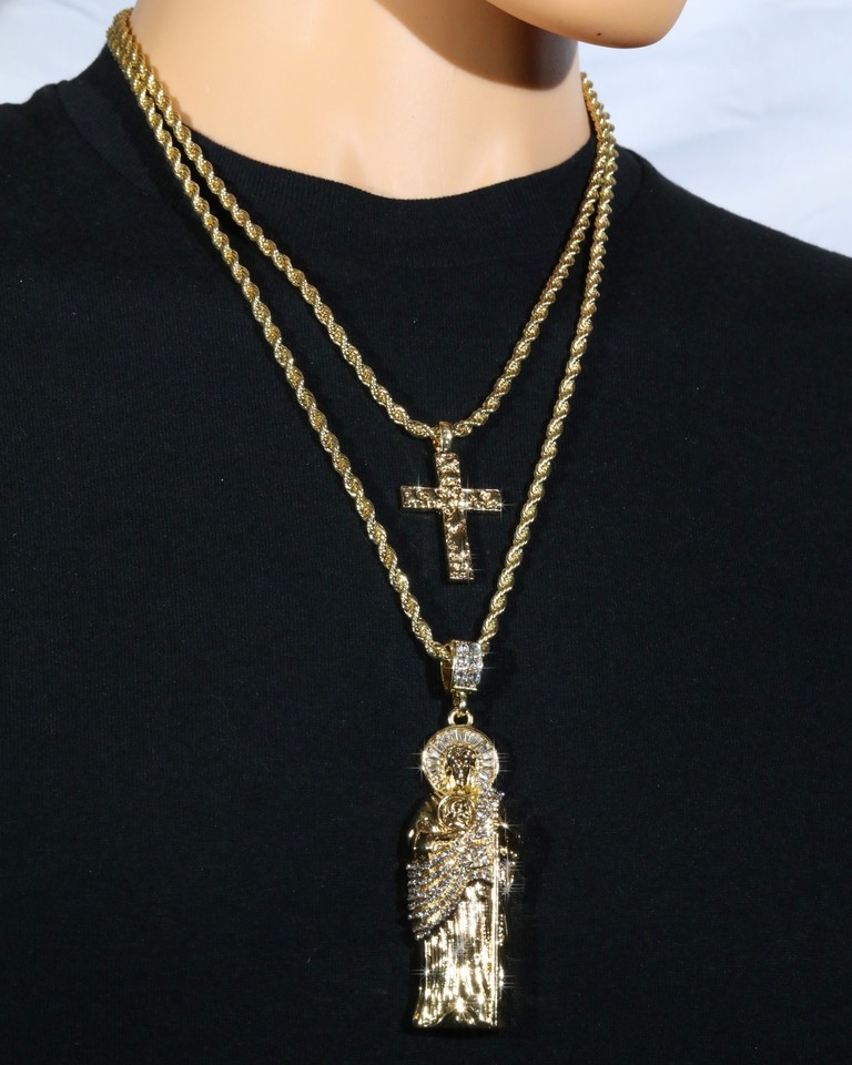 San Judas & Nugget Cross Iced Cubic Zirconia 14k Gold Plated 4mm Rope ...