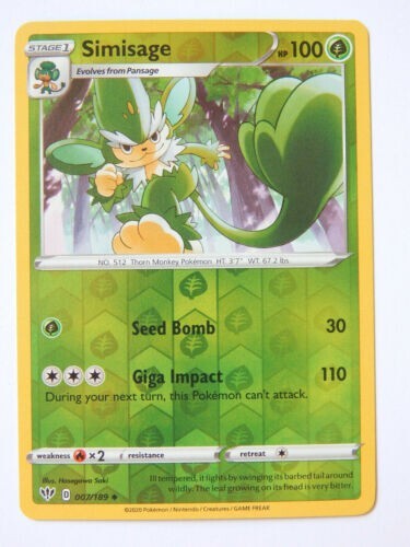 Simisage 007/189 (NM, Pokemon Card, Darkness Ablaze, 2020 Grass ...