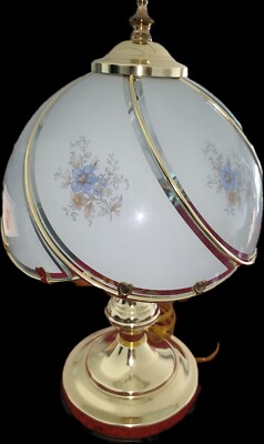Vintage 3 Way Touch Lamp Glass Panels Brass Tone Base Blue Floral ...