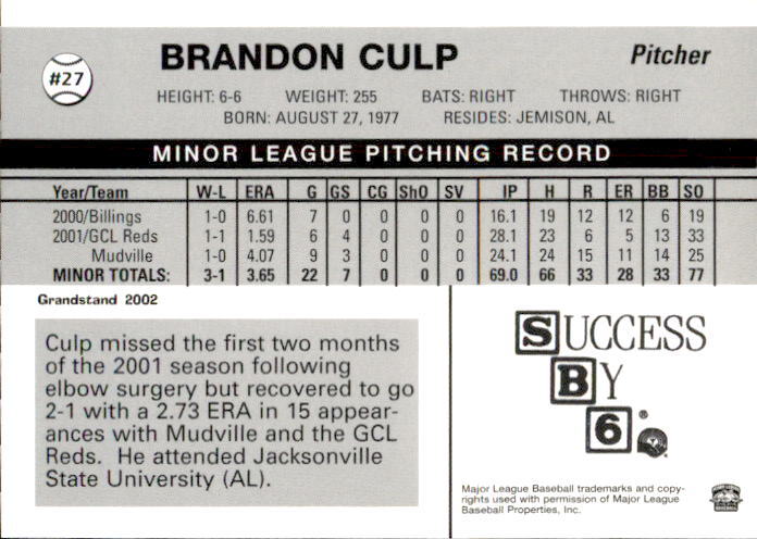 2002 Stockton Ports Grandstand #7 Brandon Culp Jemison Alabama AL ...