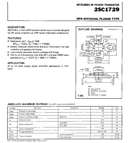 2SC1729 VHF power transistor 14W 175Mhz Mitsubishi C1729 | eBay UK