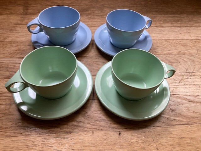Texas Ware Vintage Cup and Saucer Blue Green Set of 4 Total 8 Pieces | eBay