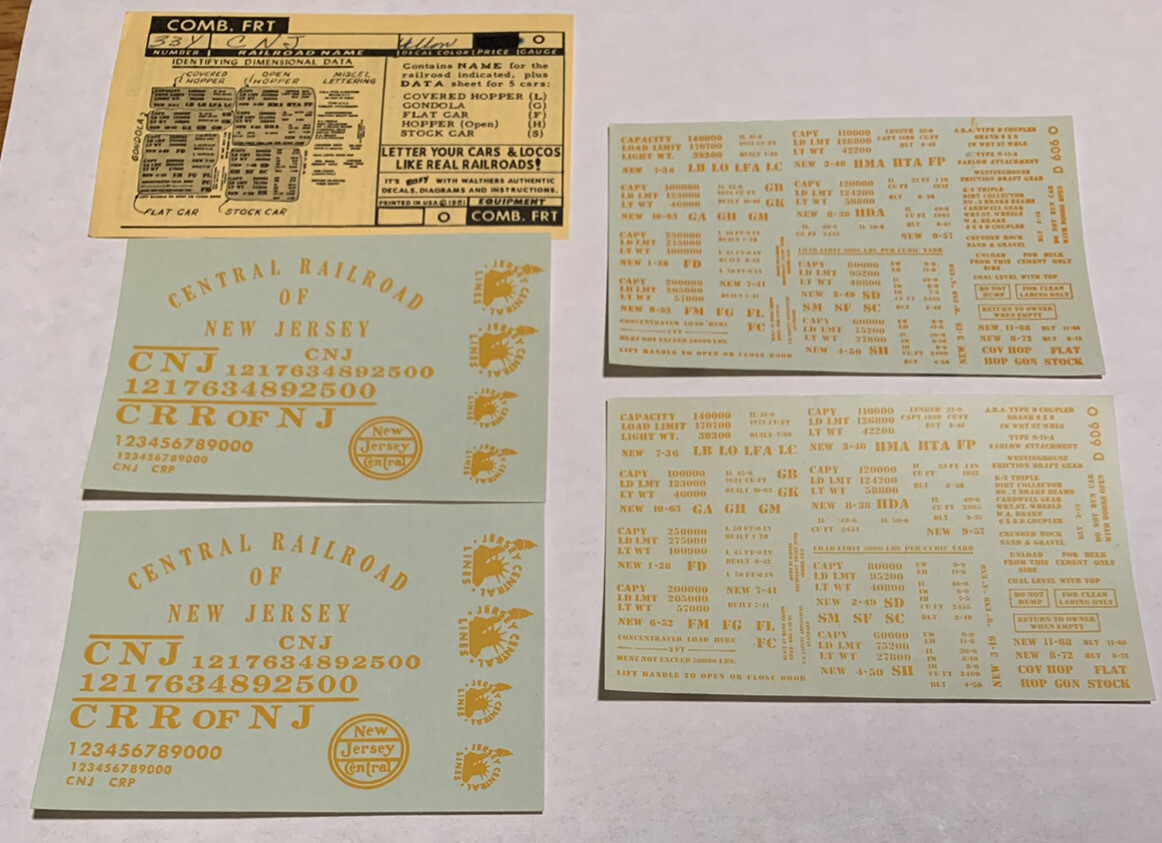 WALTHERS O SCALE DECAL-CENTRAL NEW JERSEY/CNJ COMBINED FRT SET-YELL LET ...