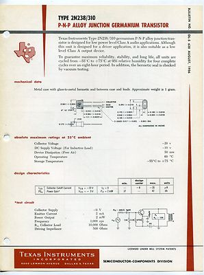1956 Vintage TEXAS INSTRUMENTS Transistor Spec Sheet: TYPE 2N238/310 | eBay