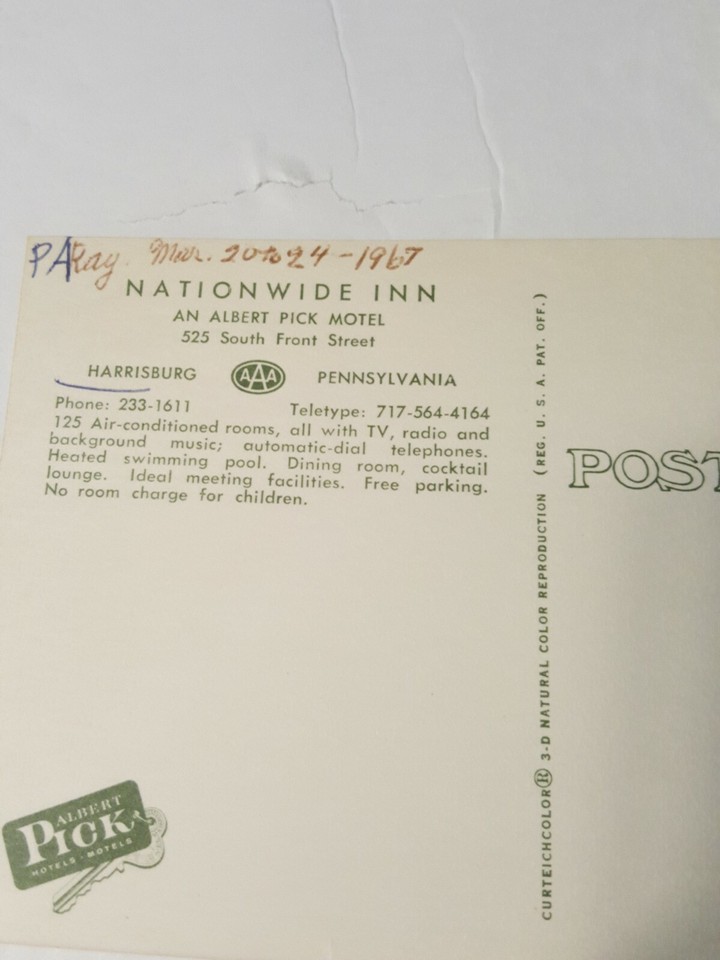 1960's postcard NATIONWIDE INN Front Street HARRISBURG PA artist ...