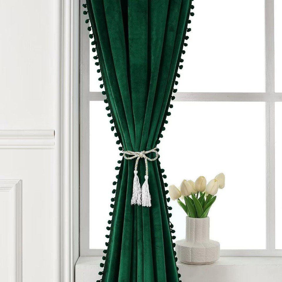 Pom Pom Velvet Curtains 96 Inches For Bedroom Emerald Velvet Curtains ...
