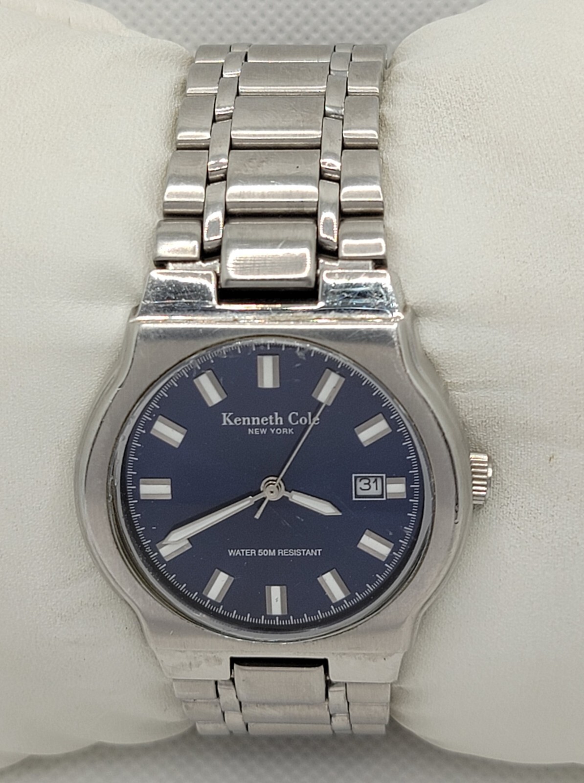 Mens Kenneth Cole New York Silver Tone Blue Dial Date Analog Watch ...