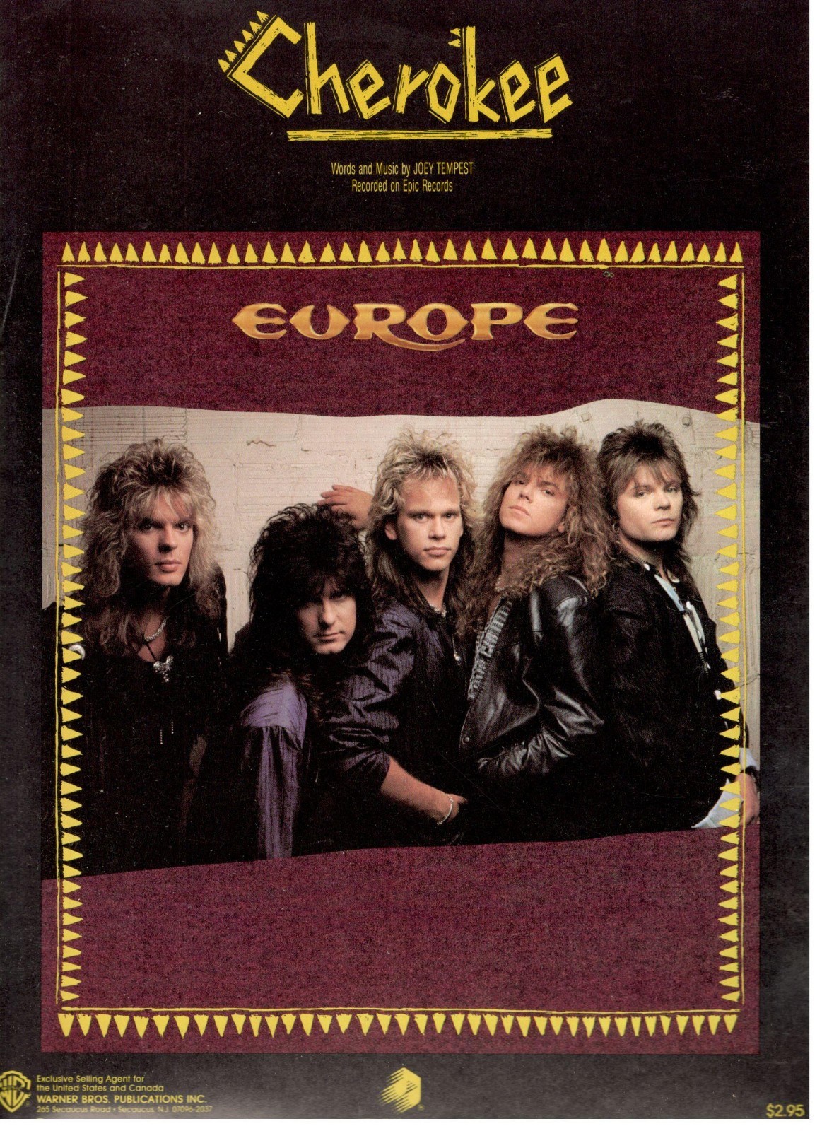 EUROPE "CHEROKEE" SHEET MUSIC-PIANO/VOCAL/GUITAR/CHORDS-1987-EXTREMELY ...