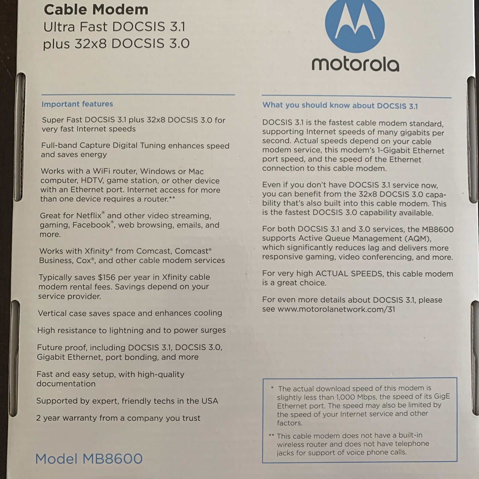 Motorola MB8600 Ultra-Fast DOCSIS 3.1 Cable Modem with 32X8 DOCSIS 3.0 ...