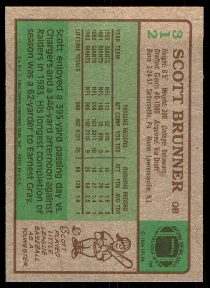 1984 TOPPS SCOTT BRUNNER NEW YORK GIANTS #312 | eBay