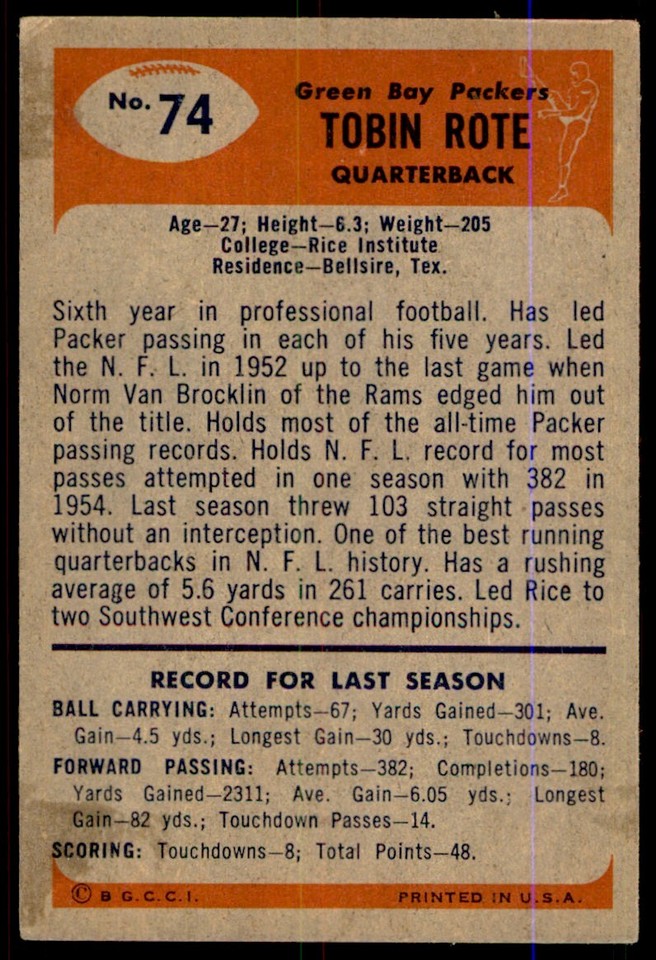 1955 Bowman SET BREAK Tobin Rote Green Bay Packers #74 | eBay