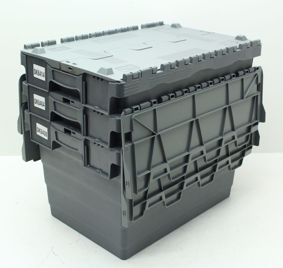 Used 3 x Large Heavy Duty Plastic Storage Box Boxes With Folding Lids ...